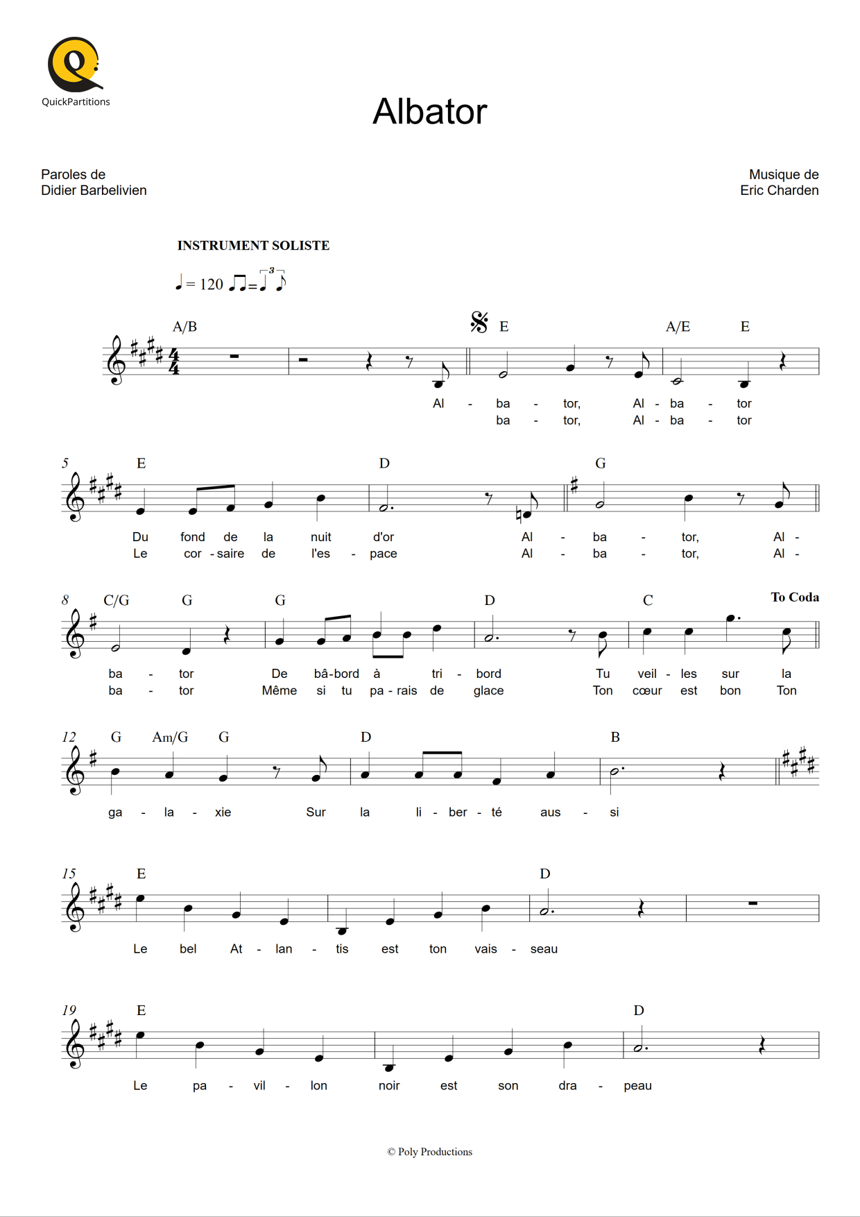 Partition Instruments Solistes Albator de Jean-Pierre Savelli