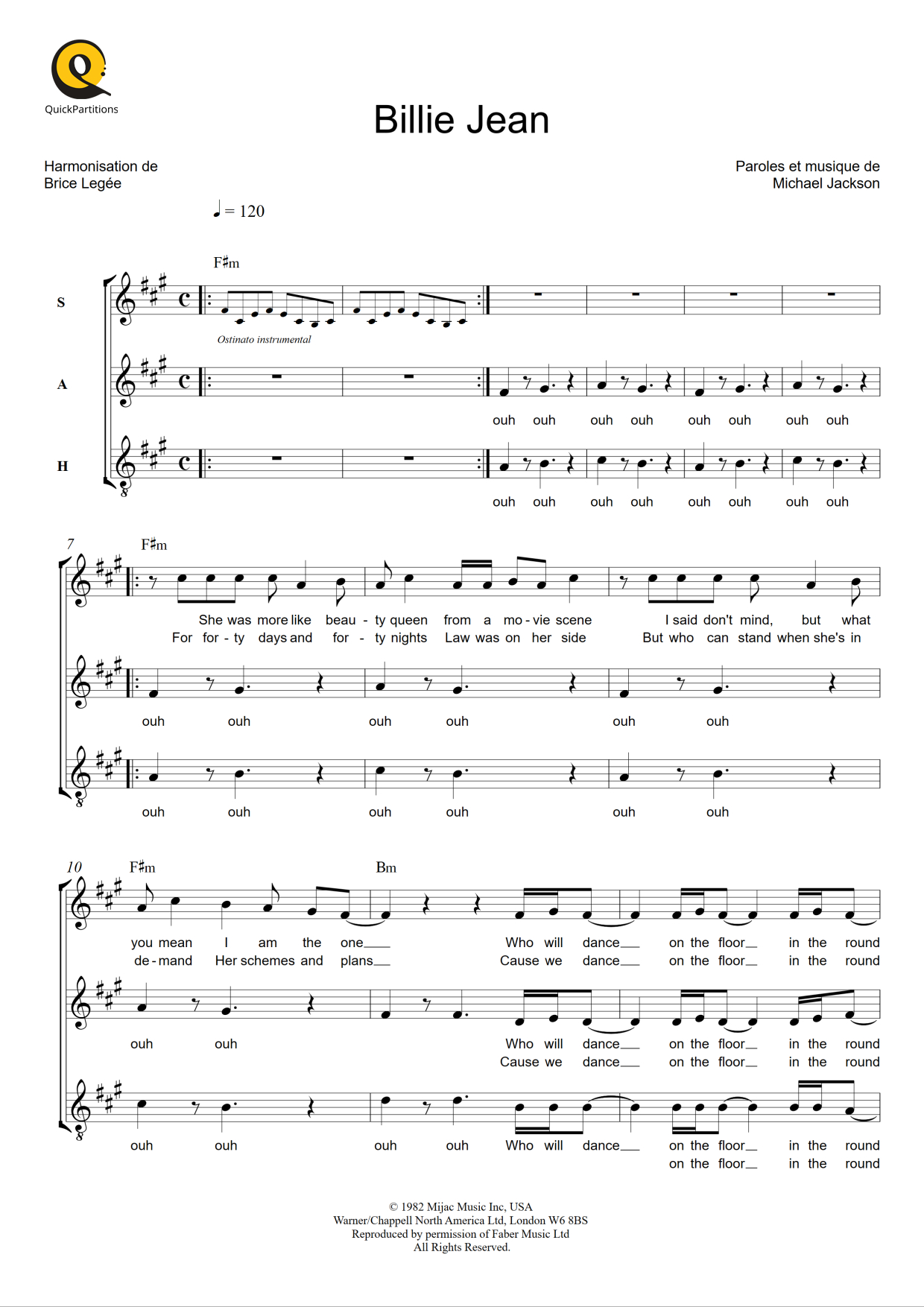 Partition chorale (SAH) Billie Jean de Michael Jackson