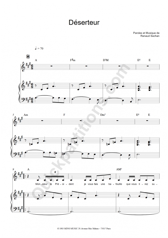 Partition piano Déserteur de Renaud